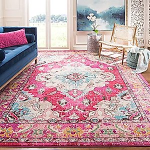 SAFAVIEH Monaco Collection Area Rug - 6'7" Square, Pink & Multi, Boho Chic Medallion Distressed Design, Non-Shedding & Easy Care, Ideal for High Traffic Areas in Living Room, Bedroom (MNC243D)
