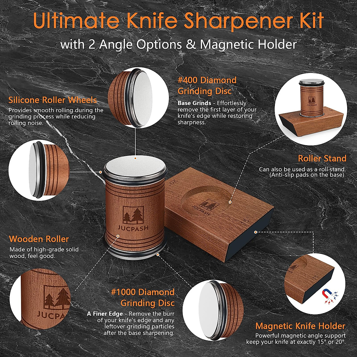 JUCPASH Rolling Knife Sharpener Kit for Straight Edge - Knife Sharpening with Leather Strop, Diamonds Discs and 15 & 20 Degree Magnetic Angles, Roller Knife Sharpener System for Kitchen Knives