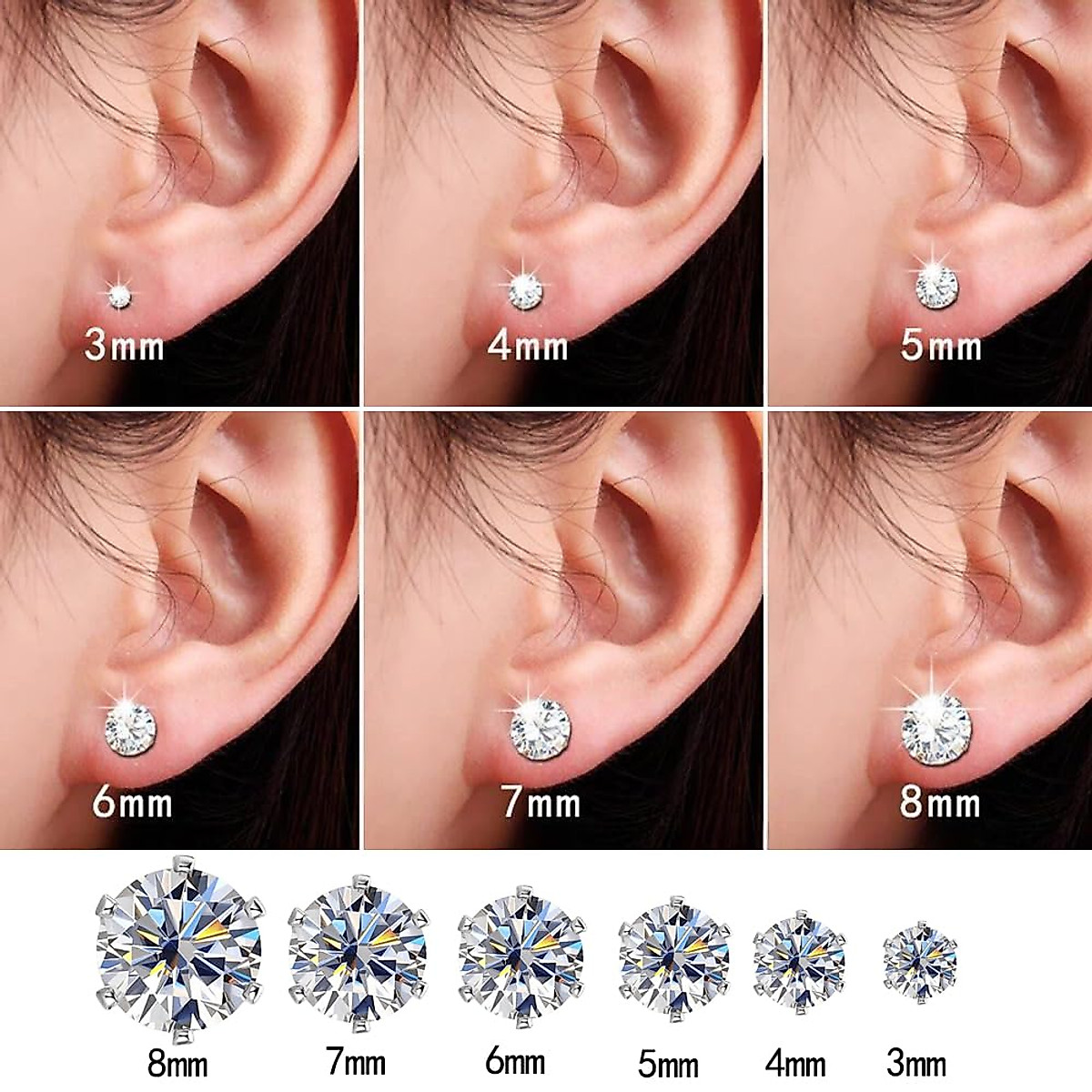 6 Pairs Cubic Zirconia Stud Earrings Set Surgical Steel Hypoallergenic 316L Stainless Steel Earrings for Women Men Contain 3,4,5,6,7,8mm
