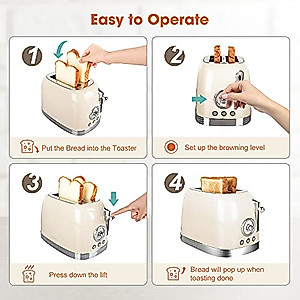 CROWNFUL 2-Slice Toaster, Extra Wide Slots Toaster, Retro Stainless Steel with Bagel, Cancel, Defrost, Reheat Function and 6-Shade Settings, Removal Crumb Tray, Cream