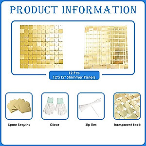 Light Gold Shimmer Wall Backdrop Square Sequin Wall Panel Backdrop Decor for Wedding, Anniversary, Birthday, Party, 12 Panels