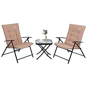 Nice C 3-Piece Patio Dining Set, Outdoor Table Set for 2, Garden Bistro Dining Furniture, 1 Folding Glass Table and 2 Folding Reclining Chairs with Cushion (Beige)