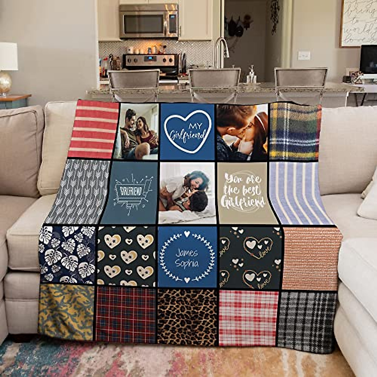 Romantic Gift for Girlfriend, Personalized Photo Collage Fleece or Sherpa Throw for Girlfriend's Birthday with Quilt Pattern, Customized Long Distance Relationship Present (Fleece5060)