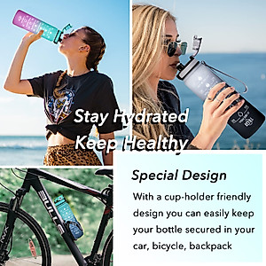 Enerbone 32 oz Water Bottle, Leakproof BPA & Toxic Free, Motivational Water Bottle with Times to Drink and Straw, Fitness Sports Water Bottle with Strap for Office, Gym, Outdoor Sports, Gray-Black