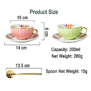 Porcelain Tea Cup with Saucers and Spoon, 2 Sets of 8 Oz Floral Coffee Mug with Gold Trim Holder, Royal Ceramic Teacup Set, Espresso Latte Mugs for Wedding Birthday Table Supplies (Pink + Apple Green)