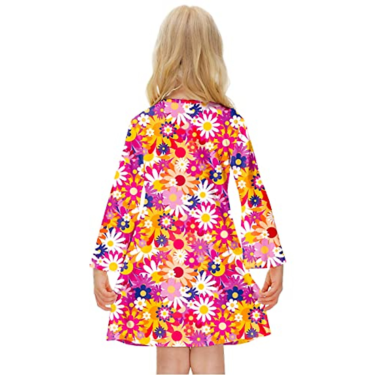 60s Dress 70s Hippie Halloween Pink Floral Long Sleeve Gogo Dresses Pink 7-8 Years