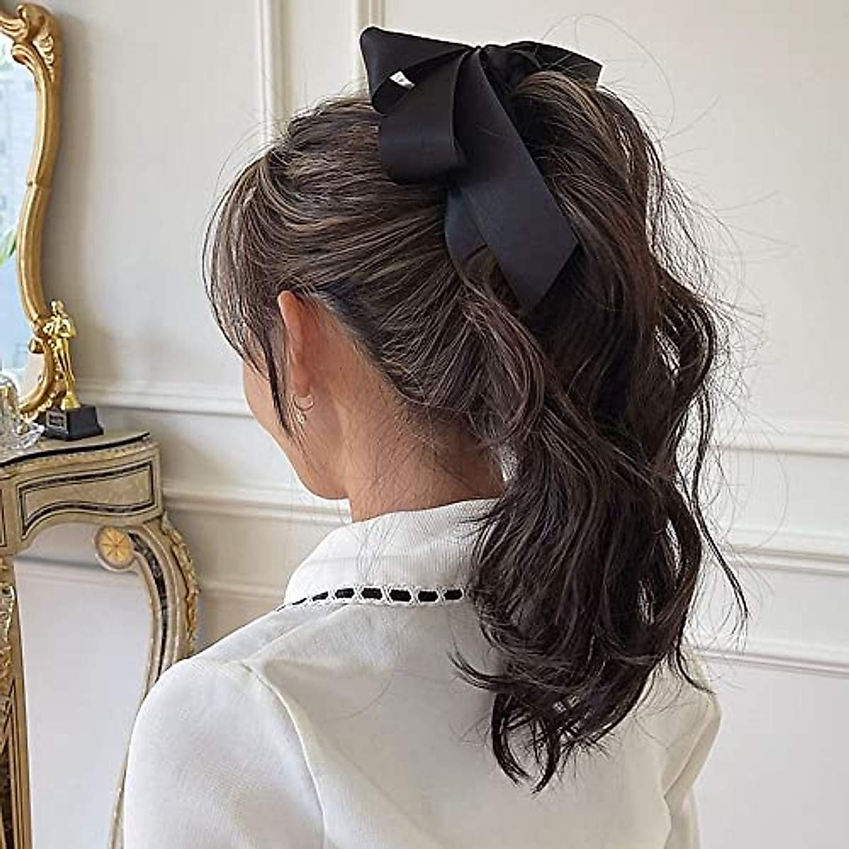 Bowknot Banana Clip, Satin Ribbon Bow Hair Claw Clips Hairpin, Sweet Cute Vertical Ponytail Holder Hair Barrettes Clamps for Women Girls(black)