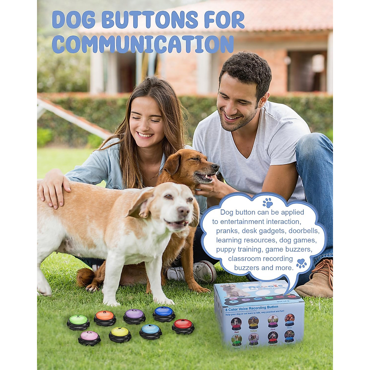 Dog Buttons for Communication, 8 Pcs Dog Talking Button Set, 30s Recordable Voice Pet Buzzer Training Buttons, Speaking Button for Dogs with Waterproof Anti-Slip Dog Button Mat and 24 Scene Stickers