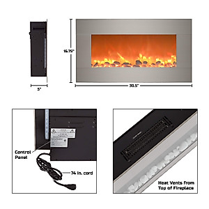 31-Inch Electric Fireplace - Front Vent, Wall Mounted, 13 Backlight Colors, Adjustable Heat and Remote Control by Lavish Home (Silver)