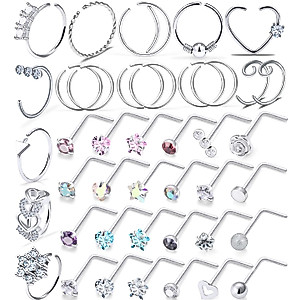 Kridzisw 18g Nose Ring Hoops Stud Piercing Jewelry for Women 316L Stainless Surgical Steel L Shaped Bend Silver Hypoallergenic Nose Nostril Ring Hoop Stud Bone Earrings Piercing Jewelry women Men 2mm