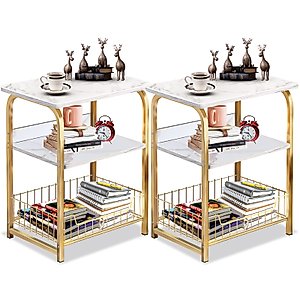 Garden 4 you End Table 2PC Side Table 3 Tiers White Marble Nightstand Industrial Retro Storage Shelf for Living Room Bedroom Kitchen Family and Office,Stable Wood and Metal Frame