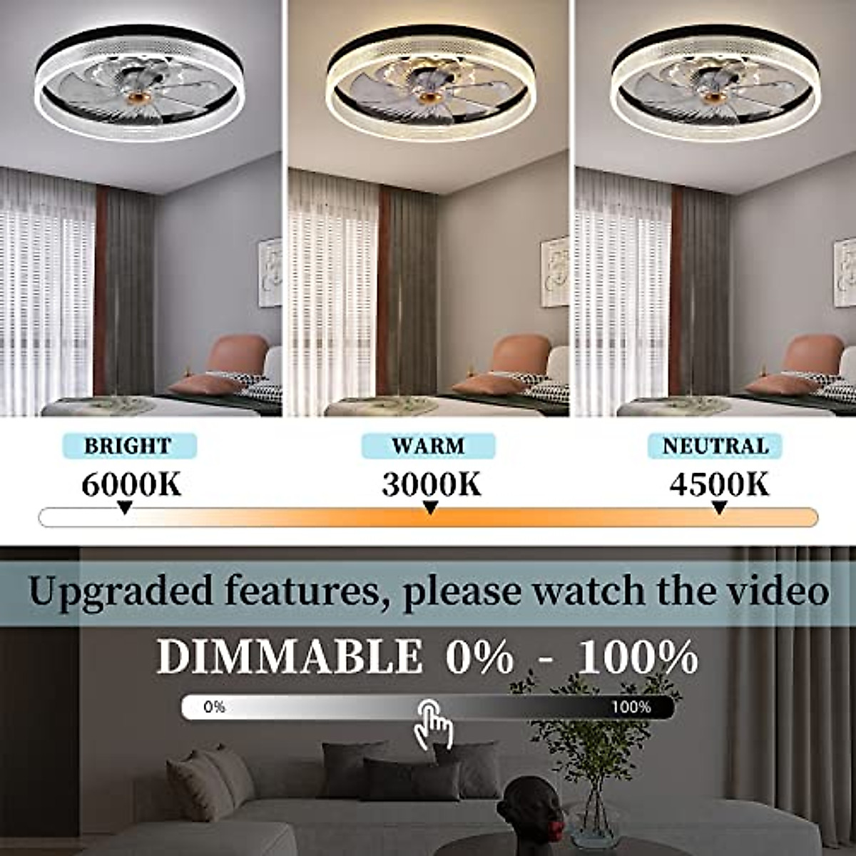 Fszdorj 2023 Upgraded Ceiling Fan F093 Black Ceiling Fans with Lights App & Remote Control, Timing & 3 Led Color Led Ceiling Fan, 6 Wind Speeds Modern Ceiling Fan for Bedroom, Living Room, Small Room