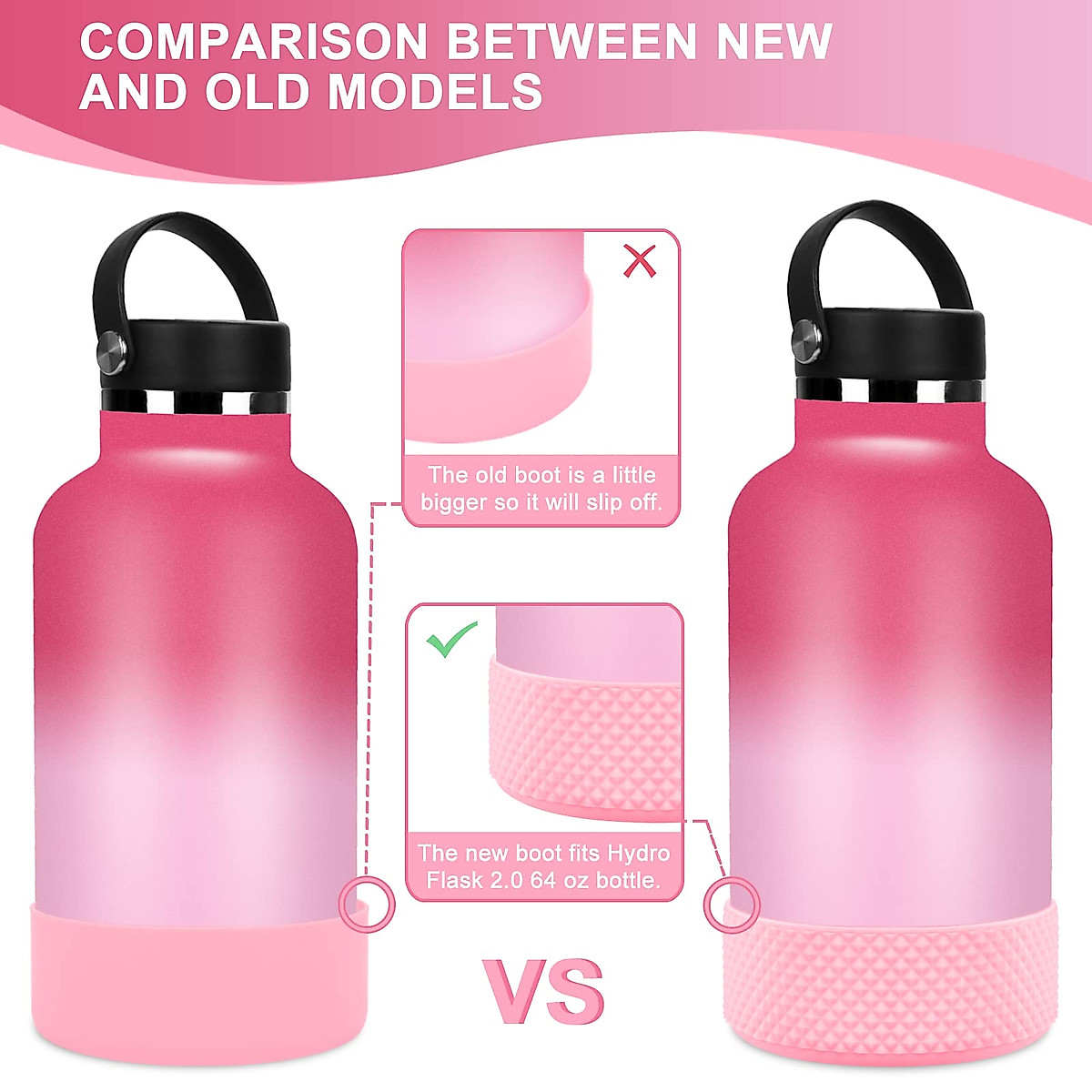 GLINK Bottle Boot, Compatible with Hydro Flask 2.0 Wide Mouth 64 oz Water Bottle and Others, Protective Silicone Bottom Sleeve Cover, Anti-Slip Flex Boot with Diamond Texture (Light Pink)