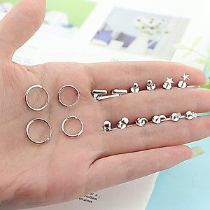 Milacolato 8 Pairs Sterling Silver Stud Earrings Set for Women Men 14K White Gold Plated Ball Dot Star Moon Bar CZ Stud Earrings Small Huggie Hoop Cartilage Earrings Sets for Multiple Piercing Hypoallergenic