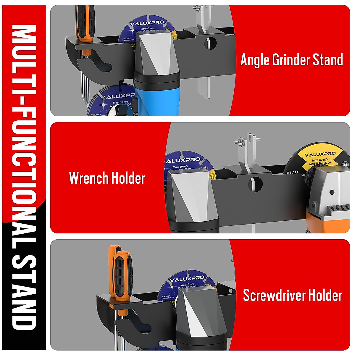 Angle Grinder Holder for Milwaukee/Dewalt, Angle Grinder Tool Stand, Grinders Power Tools Holder Storage Rack, Garage Wall Mount Bracket for Cutters Polishers with Cord Hanger and Hooks