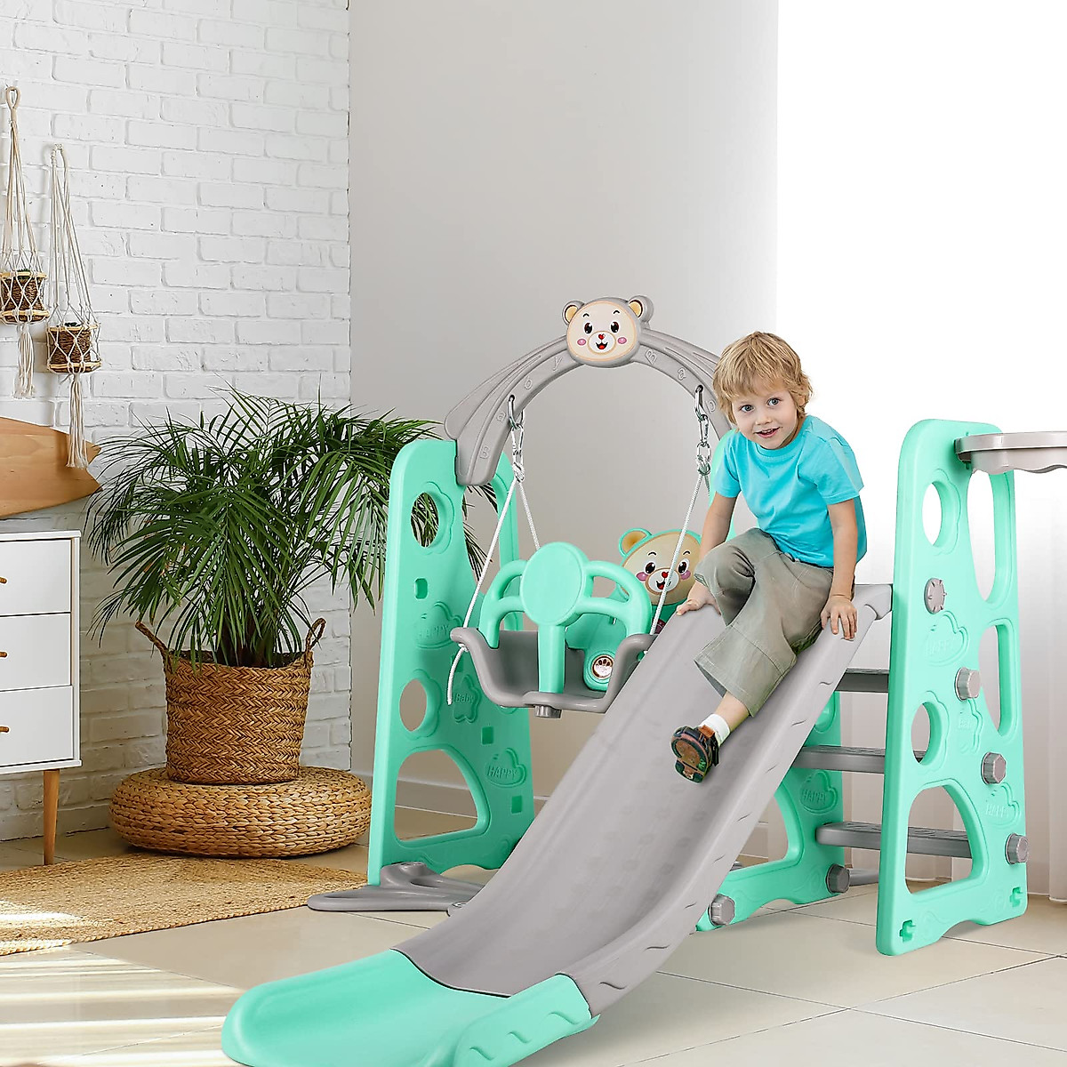 Arlopu Toddler Slide and Swing Set, 4 in 1 Kids Play Climber Slide Playset w/Basketball Hoop Extra Long Slide Extra Ball, Baby Swing for Indoor Outdoor Playground, Easy Set-Up, 3 Years Old (Fiery)