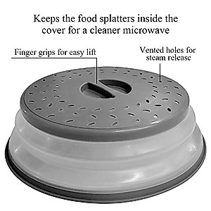 OUZIFISH Microwave Plate Cover 10.5 inch Collapsible Food Plate Lid Cover - BPA Free, Easy Grip, Microwave Plate Guard Lid With Steam Vent & Colander Strainer for Fruit (Grey)