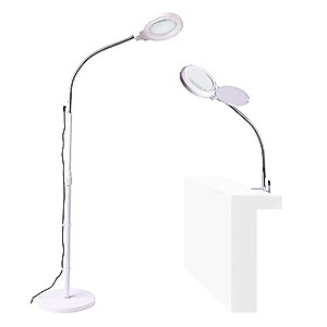 FHHKAAD 2 in 1 Magnifying Floor Lamp 5X with Bright LED Light Adjustable，Flexibility Magnifier Lamp for Reading，Sewing，Repair，Crafts & Hobbies -12W - White
