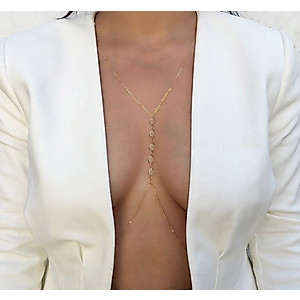 Gold Body Necklace for Women, Sexy Bikini Chain Body Necklace,(Clear Crystal）