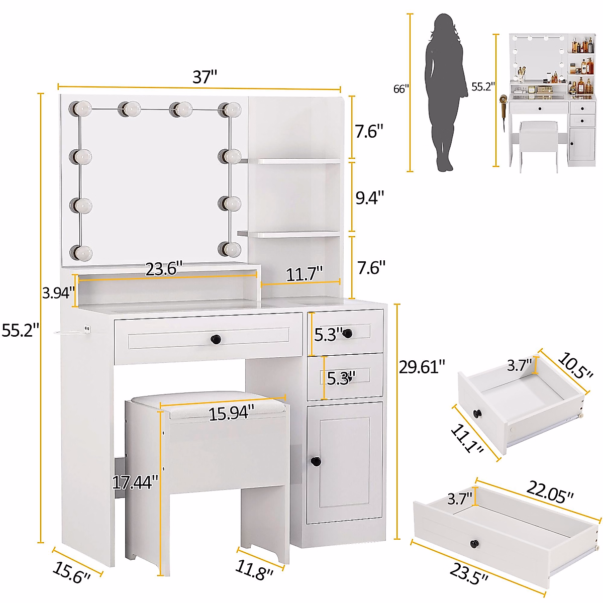 Spurgehom Makeup Vanity Desk with Mirror and Lights White Vanity Set with Drawers and Stool 37" Glass Top Dressing Table Shelves and Storage Cabinet 3 Lighting Modes Brightness Adjustable for Bedroom
