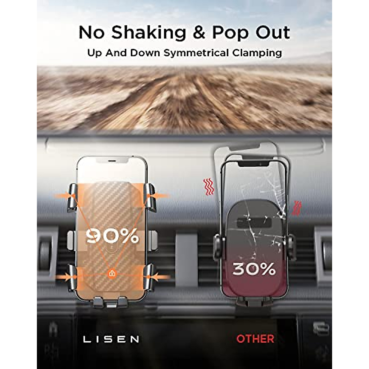 LISEN Car Phone Holder Air Vent Mount Stable 4 Clamp Arms Hands Free Vent Cell Phone Holder Mount for Car Easy Use Phone Holder Car Mount Air Vent with Auto Lock Metal Hook for iPhone All Phones