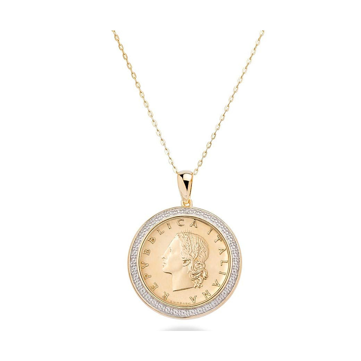 Miabella 18K Gold over 925 Sterling Silver Diamond Accent Genuine Italian 20 Lira Coin Medallion 18 Inch Chain Pendant Necklace for Women (yellow gold plated silver)