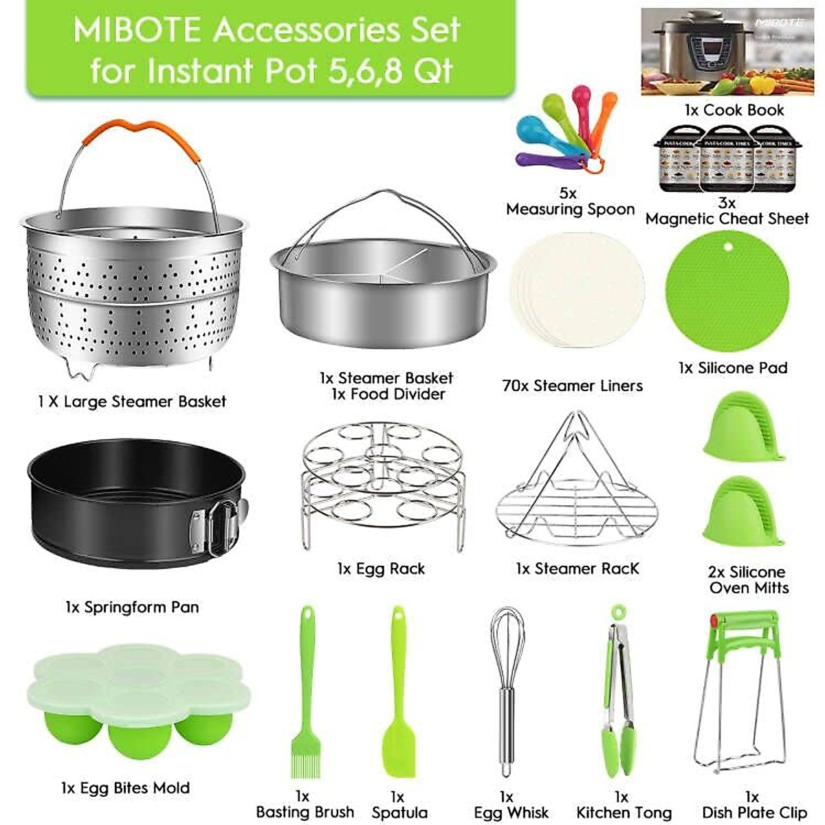MIBOTE 98 Pcs Accessories Set for Instant Pot 5,6,8 Qt, 2 Steamer Baskets, Springform Pan, Egg Steamer Rack, Egg Bites Mold, Kitchen Tong, Silicone Pad, Oven Mitts, Cheat Sheet Magnet, and etc