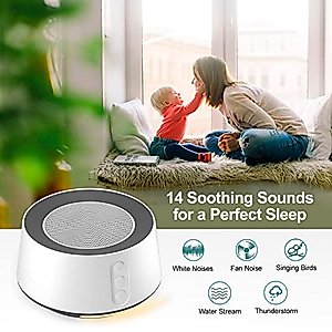 White Noise Machine with 14 High Fidelity Soundtracks, 10 Level Night Lights, Full Touch Metal Grille and Buttons, Timer and Memory Features, Plug in, Lullaby Machine for Baby, Adults