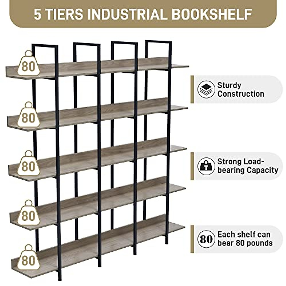 5 Tier Industrial Bookshelf, Triple Wide Wood Bookshelf with Metal Frame, Rustic Etagere Bookcase with Back Panel, Vintage Storage Rack with Open Shelves for Living Room, Bedroom, Study, Black&Gray