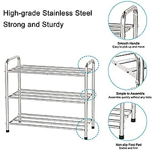 FANHAO 3-Tier Shoe Rack, 100% Stainless Steel Shoe Storage Organizer, Stackable 9-Pair Storage Shelf for Bedroom, Closet, Entryway, Dorm Room, 26.8" W x 10.24" D x21.7 H (Silver)