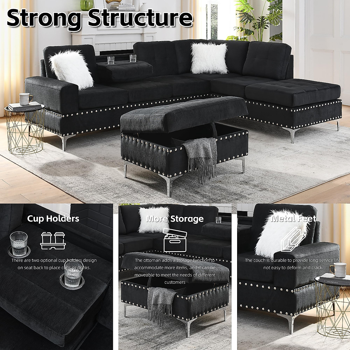 Yoglad L Shaped Furniture Set, 5-Seater Sectional Sofa with Reversible Chaise, Corner Sofa Set with Ottoman, for Apartment, Living Room, No Assembly Require (107.5 Inch Chenille, Red)