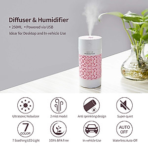 Portable Humidifiers Car Humidifier Cool Mist Humidifying for Kids Rooms Travel Office Bedroom with High and Low Mist Settings 7 Colors Night Light Auto Shut-Off 250ml Pink