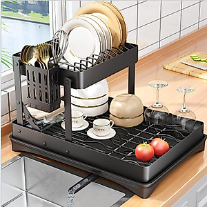 PXRACK Dish Drying Rack, Collapsible 2 Tier Stainless Steel Dish Rack and Drainboard Set for Kitchen Counter, Large Rustproof Dish Drainer with Removable Water Tray, Utensil Holder, Black