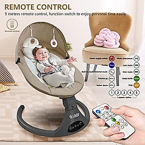 Bluetooth Baby Swing for Infants, 5 Speed Bluetooth Baby Bouncer Music Speaker with 12 Preset Lullabies, Remote Control Indoor Baby Rocker with Touch Screen Chair for 5-20 lb, 0-9 Months (Khaki)