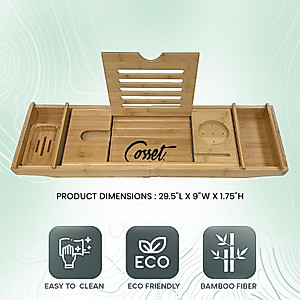 Cosset Bathtub Tray - Expandable Bamboo Bathroom Tray for Women and Men - Soap Dish, Book, Phone & Tablet Holder, Wine Glass Slot - Relaxing Bath Caddy for Spa and Shower