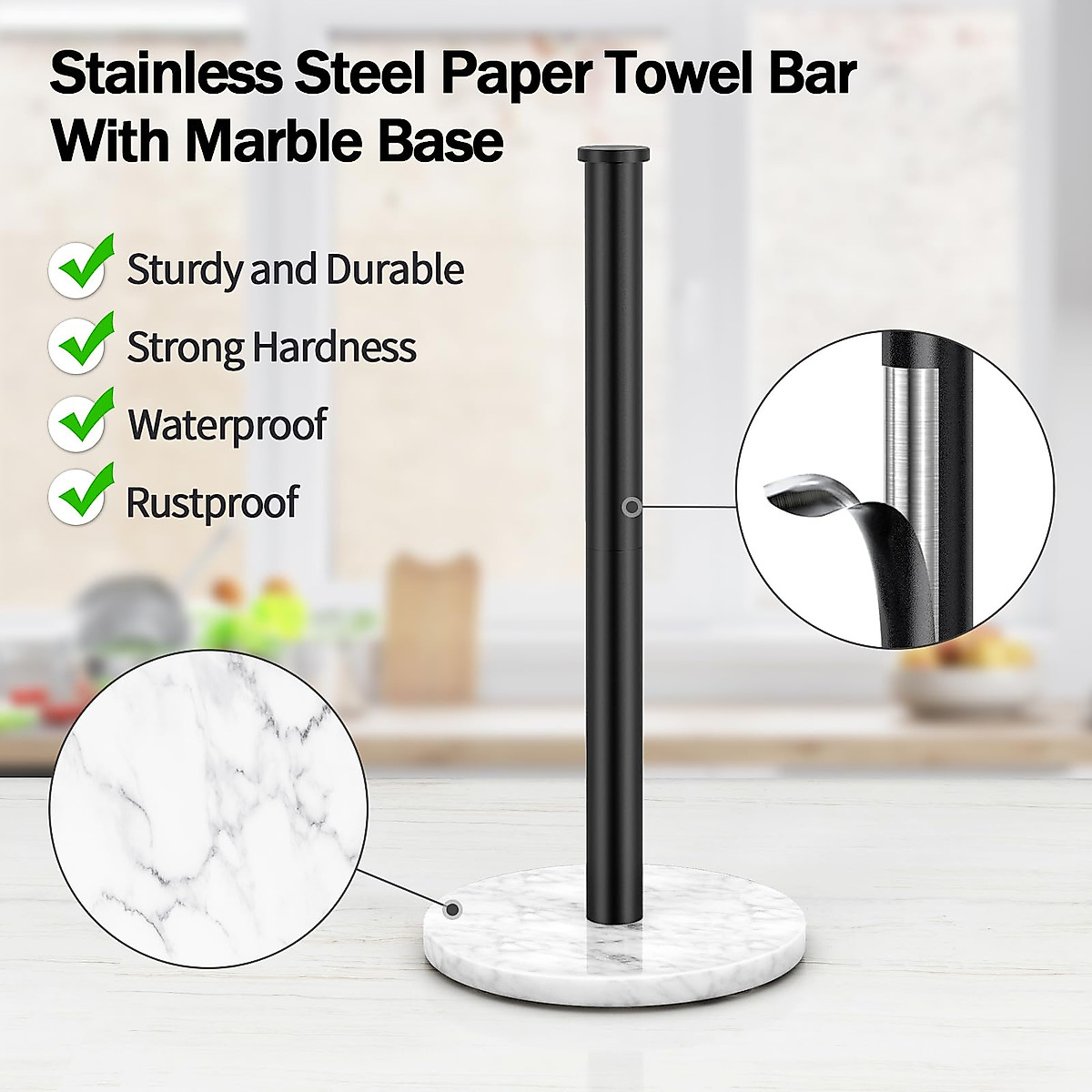 Paper Towel Holder Countertop, Jesginboo Kitchen Paper Towel Holder Stand with Natural Marble Base for Standard and Large Size Rolls (Black, 1 Pack)