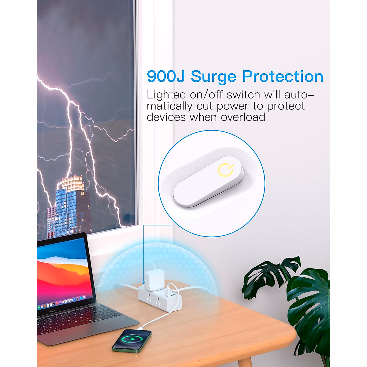 10Ft Extension Cord with Multiple Outlets, Flat Plug Power Strip Surge Protector with 10 Ft Long Cord, 6 Outlet 3 USB Ports (1 USB C), Multi Outlet Wall Plug for Travel, College, Dorm Room Essentials