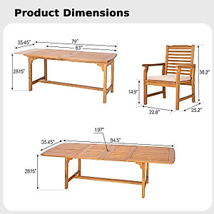 MFSTUDIO 7 Pieces Patio Dining Set, Outdoor Table Chairs Set for 6, 1 x Rectangular Expandable Acacia Wood Table, 6 x Wood Dinging Chairs with Removable Cushions for Garden, Backyard, Porch