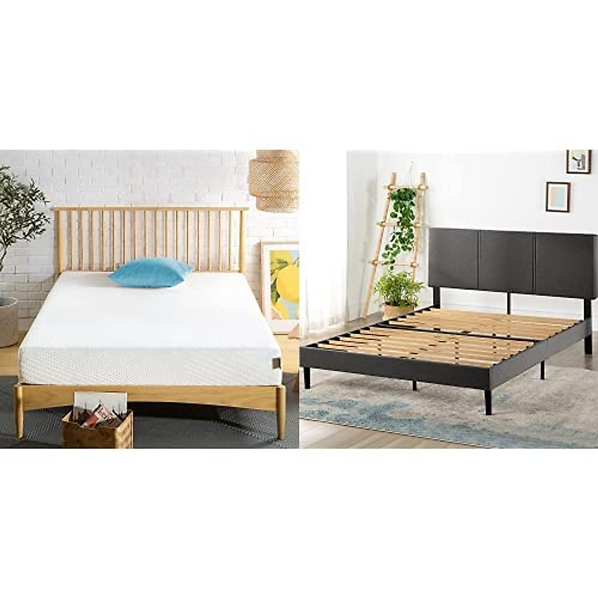 ZINUS 8 Inch Green Tea Essential Memory Foam Mattress and Cambril Upholstered Platform Bed Frame with Sustainable Bamboo Slats Set, Queen