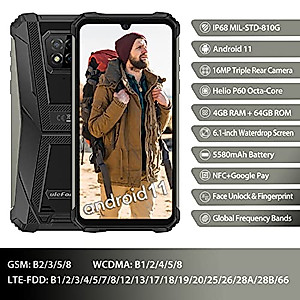 Ulefone Rugged Smartphone Unlocked, Armor 8 4GB + 64GB Android 11, 16MP Triple Waterproof Camera, IP68/IP69K Durable, 6.1 inch HD+, 4G Dual SIM, 5580mAh Battery, NFC, OTG, Fingerprint Face ID, Black