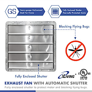 iLIVING 20" Wall Mounted Shutter Exhaust Fan, Automatic Shutter, with Thermostat and Variable Speed controller, 2.2A, 3368 CFM, 5000 SQF Coverage Area Silver (ILG8SF20V-ST)