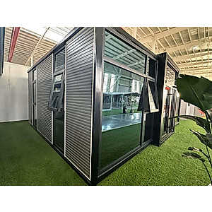 Generic Prefabricated Customizable Mobile House with Lockable Doors and Windows, Outdoor Storage Sheds with Cabinet and Restroom, Spacious Rooms (20FT), Black, 20-FOOTER