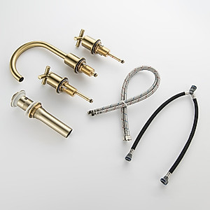MR. FAUCET 2 Cross-Handle Gold Bathroom Sink Faucets with Waste Drain for 3 Hole 4-16 inch Deck Sink, Solid Brass Brushed Gold