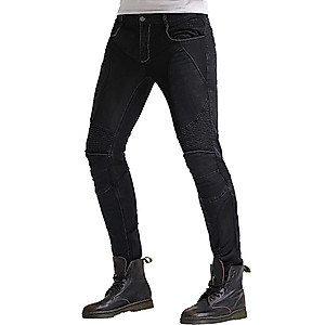 Summer Mesh Motorcycle Riding Jeans with Armor Motocross Racing Slim Stretch Pants (L=32, Black)