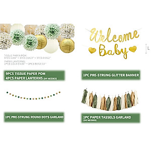 Kiwayo Baby Shower Decorations Sage Green- Welcome Baby Banner with Tissue Pom Poms, Tassel Garland, Paper Lanterns, Circle Dot Garland- Baby Gender Reveal Birthday Party Decorations