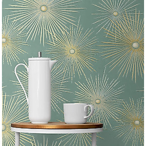 NextWall Starburst Geo Mid Century Peel and Stick Wallpaper (Teal & Metallic Gold)