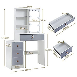 Vanity Desk with Mirror and Lights, Push-Pull Mirror, Makeup Vanity with 4 Drawers, White and Blue Dressing Table for Girls, Makeup Vanity Desk with 3 Light Color Modes