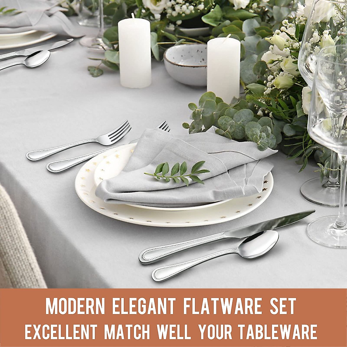 Paincco 60-Piece Silverware Set Service for 12, Stainless Steel Flatware set, Pearled Edge Cutlery Set Includes Knife Fork Spoon, Beading Eating Utensil for Home Kitchen Restaurant, Dishwasher Safe