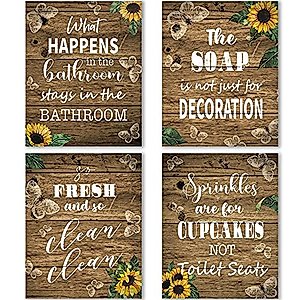 IIILUYOT Funny Bathroom Signs Decor Art Prints, Humor Bathroom Decor Sign Rustic Farmhouse Vintage Sunflower Wood Butterfly Bathroom Wall Decorations Set of 4 Set of 4 (8”X10”) Unframed
