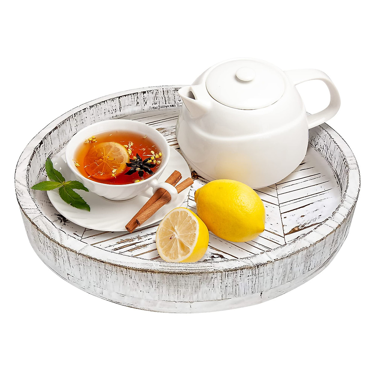 Paper and Pallet Rustic White Wood Lazy Susan - 12.5 Inch Farmhouse Turntable Kitchen Cabinet Organizer Tray - Distressed Round Wooden Spice Rack - Rotating Centerpiece for Dining Table & Countertop